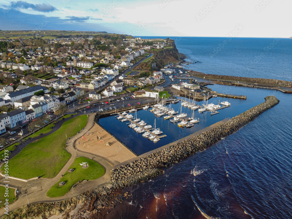 Drone aerial view of Ballycastle Harbour and Marina, Ballycastle ...
