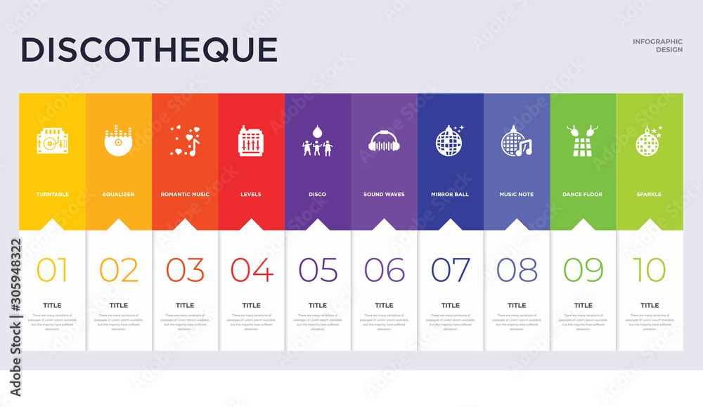 Vetor de 10 discotheque concept set included sparkle, dance floor ...