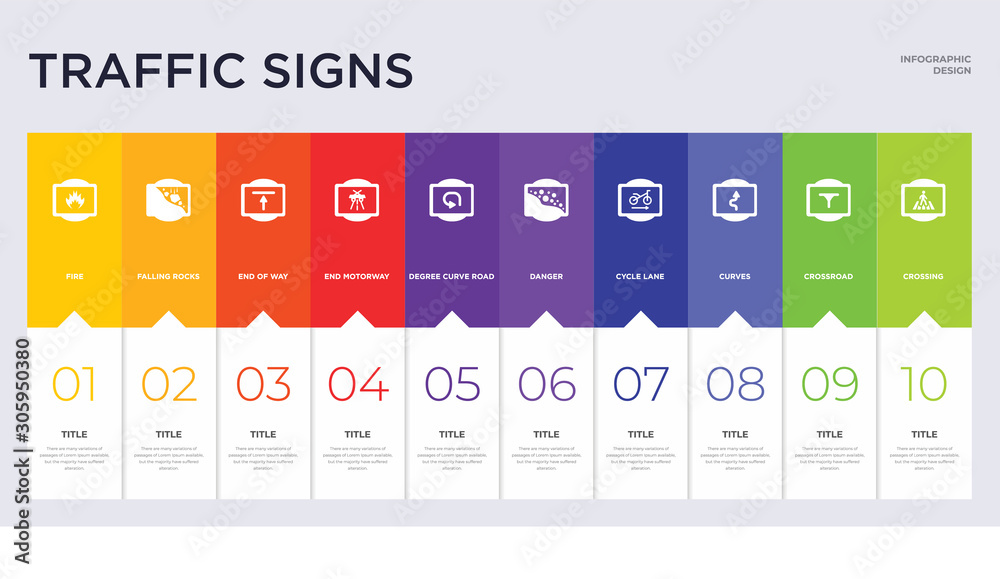 10 traffic signs concept set included crossing, crossroad, curves ...