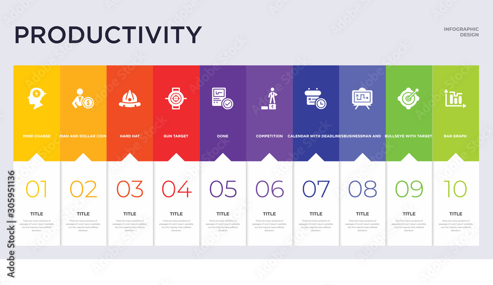 10 productivity concept set included bar graph, bullseye with target ...