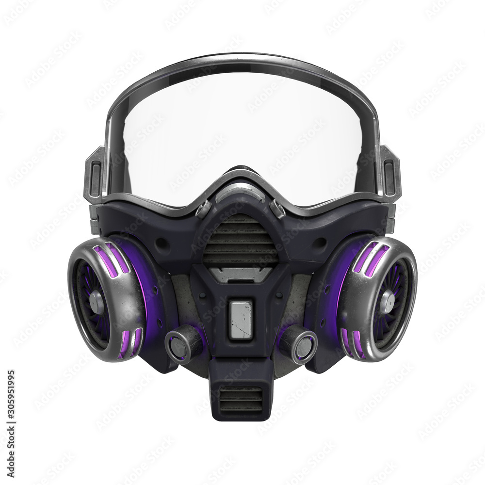 Futuristic chemical gas mask with protective glasses and metal filters ...