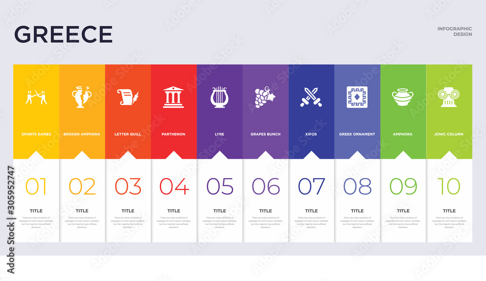 10 greece concept set included jonic column, amphora, greek ornament ...