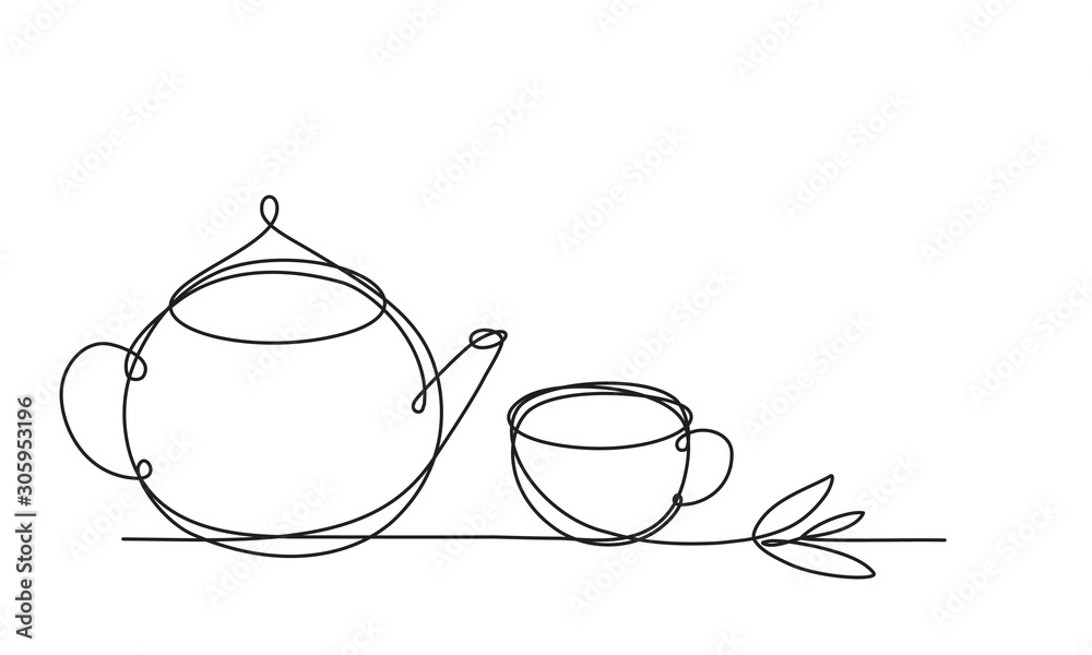 Teapot and cup. Continuous line drawing. Sketch. Tea leaf. Continuous ...