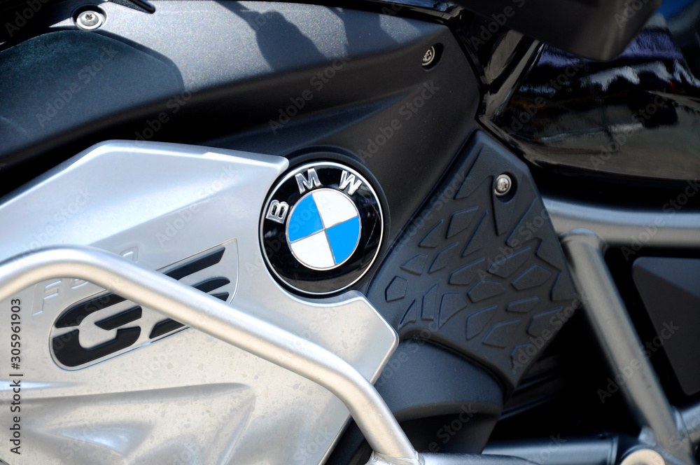 KUALA LUMPUR, MALAYSIA -FEBRUARY 25, 2018: BMW motorcycle and brand ...