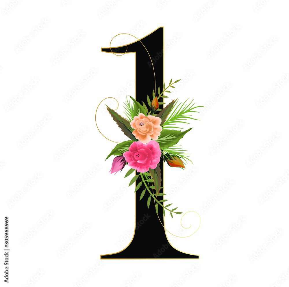 Number 1 (ONE) flowers with watercolor flowers and leaves hand drawn on ...