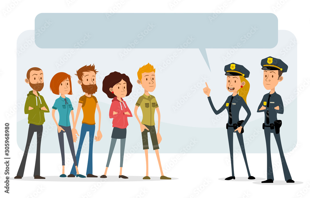 Cartoon flat cute funny handsome police officers in uniform talking ...