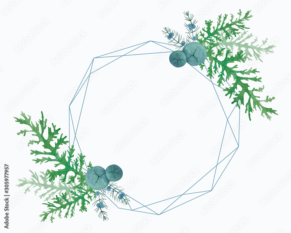 Polygonal border frame with a bouquet of branches and juniper berries ...