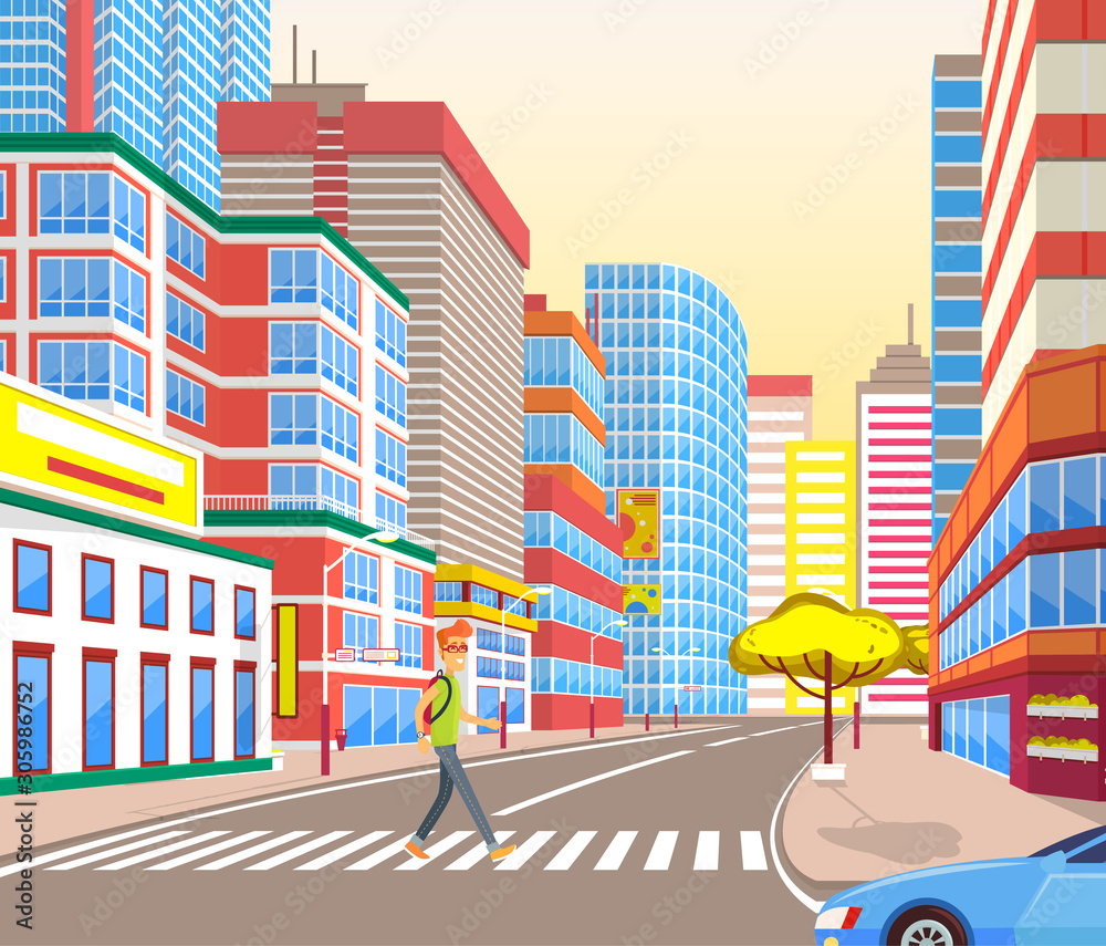 Realistic city street with man walking on road vector. Pedestrian ...