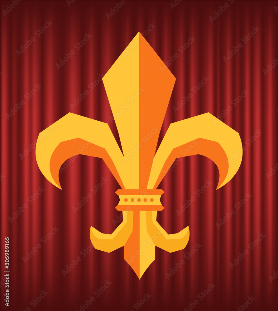 Fleur de lys symbol on red curtain, golden king insignia. Flower royal ...