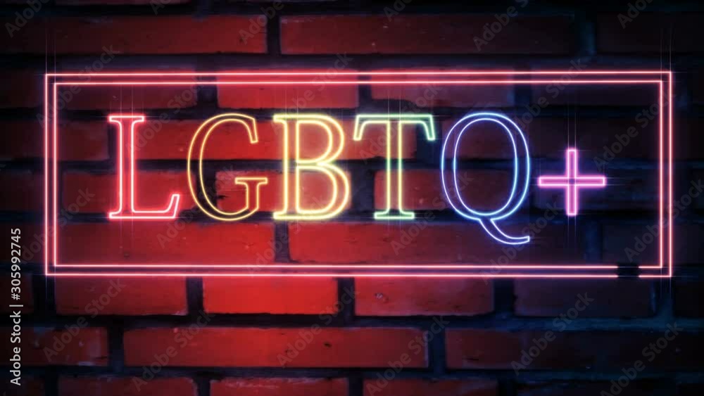LGBTQ plus neon sign blinks and sparkles with stars on a brick wall ...