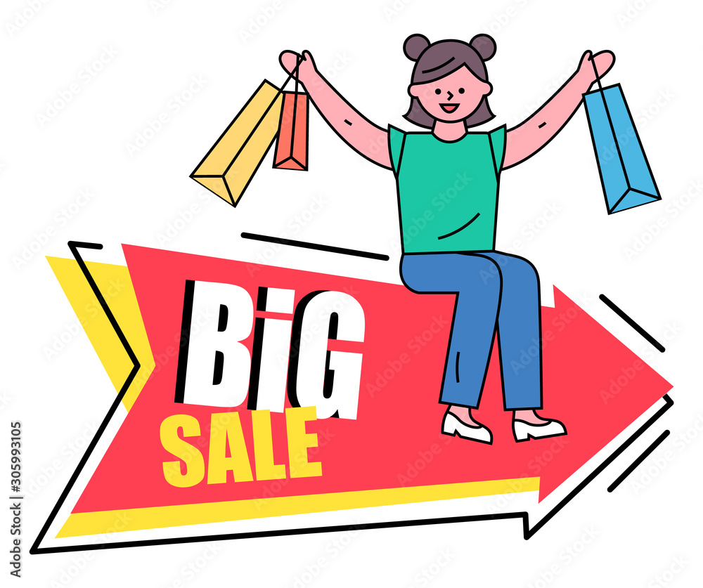 Big sale isolated banner vector. Female character happy of purchases on ...