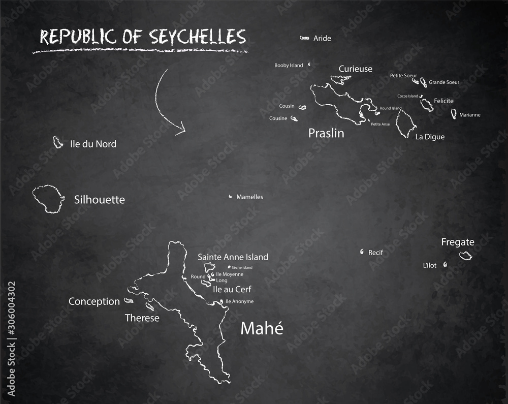 Seychelles map with names of Seychelles islands, design card blackboard ...