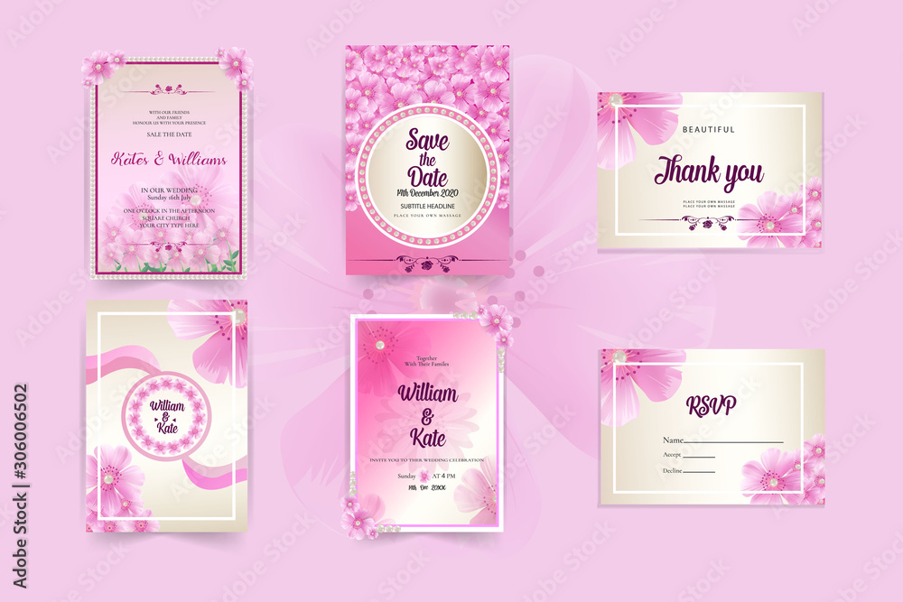 pink wedding invitation card template stationery set Stock Vector ...