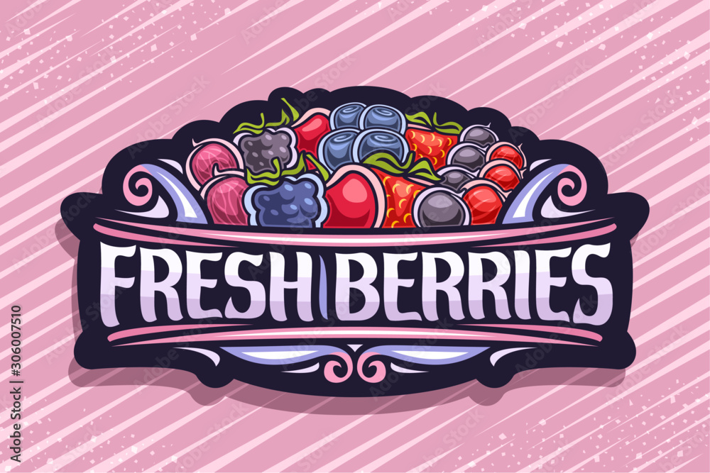 Vector logo for Fresh Berries, black decorative sign with illustration ...