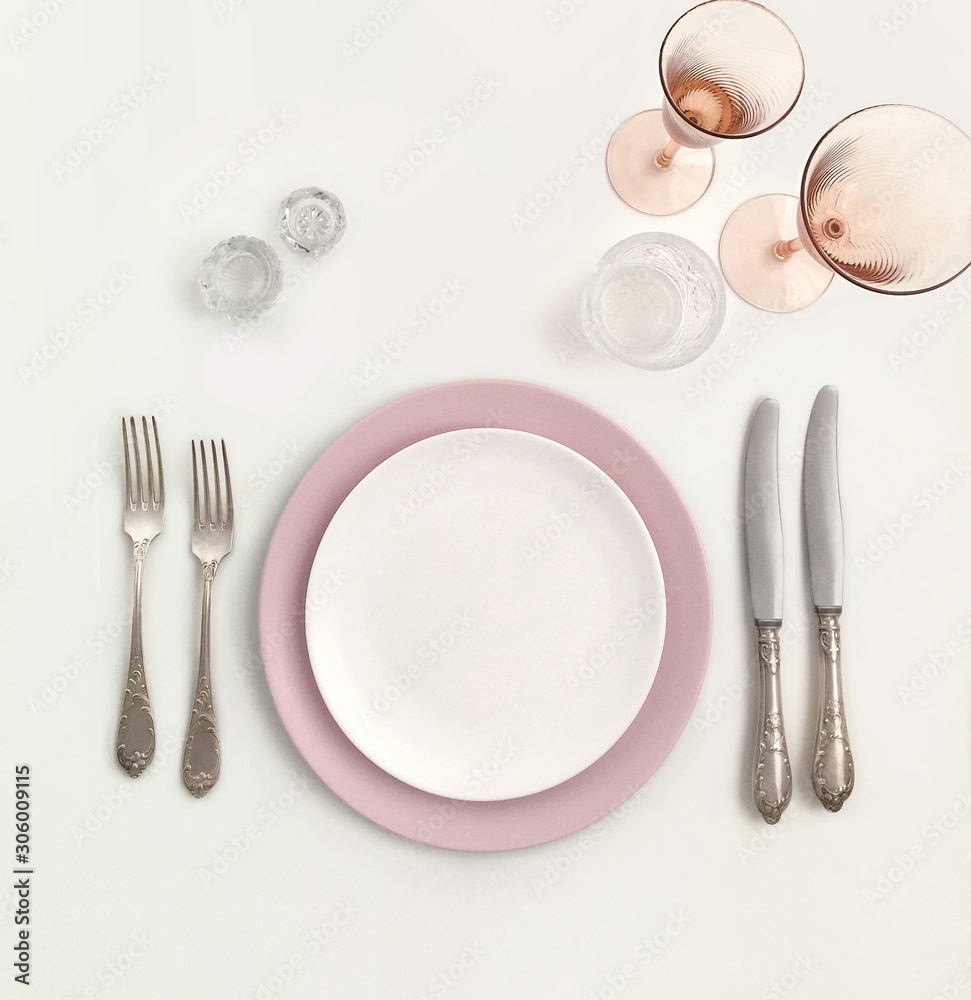 New luxury white and pink ceramic plate, silver vintage cutlery view ...