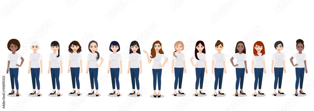 Cartoon character with the women team in T-shirt white and blue jean ...