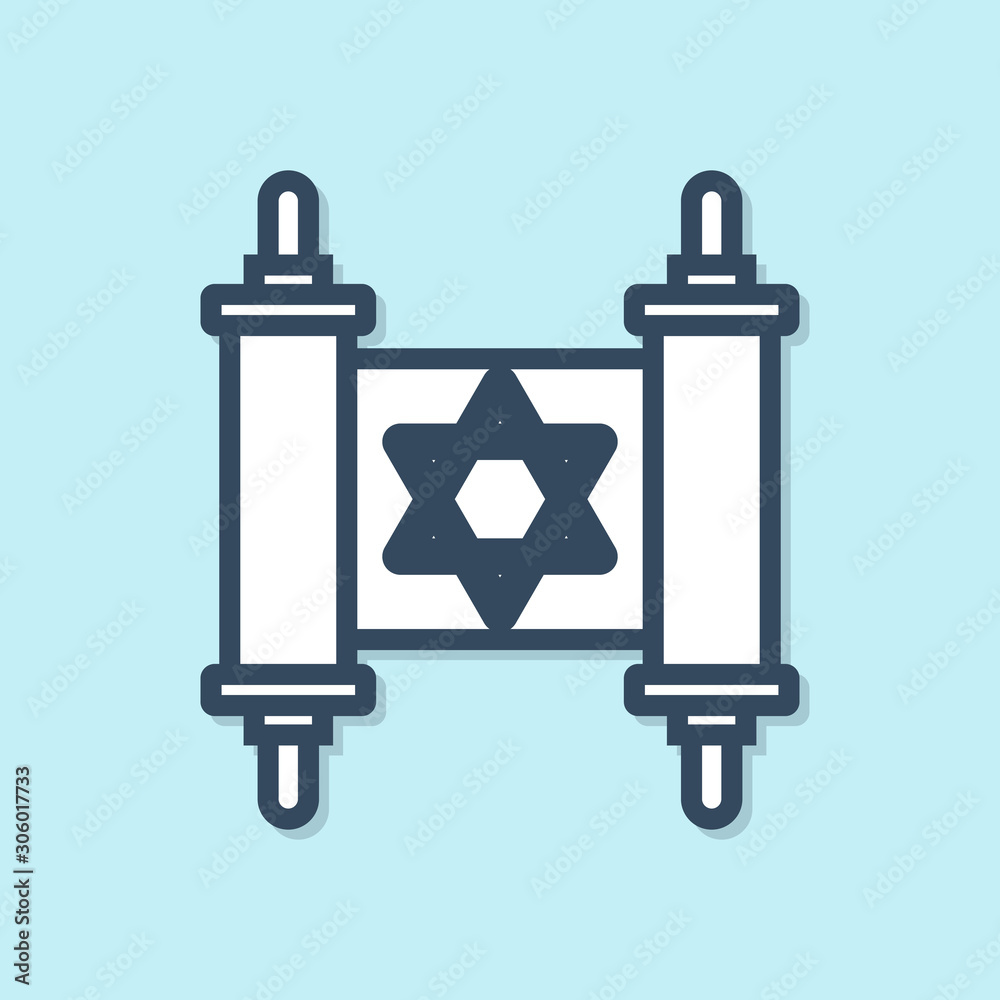 Blue line Torah scroll icon isolated on blue background. Jewish Torah ...