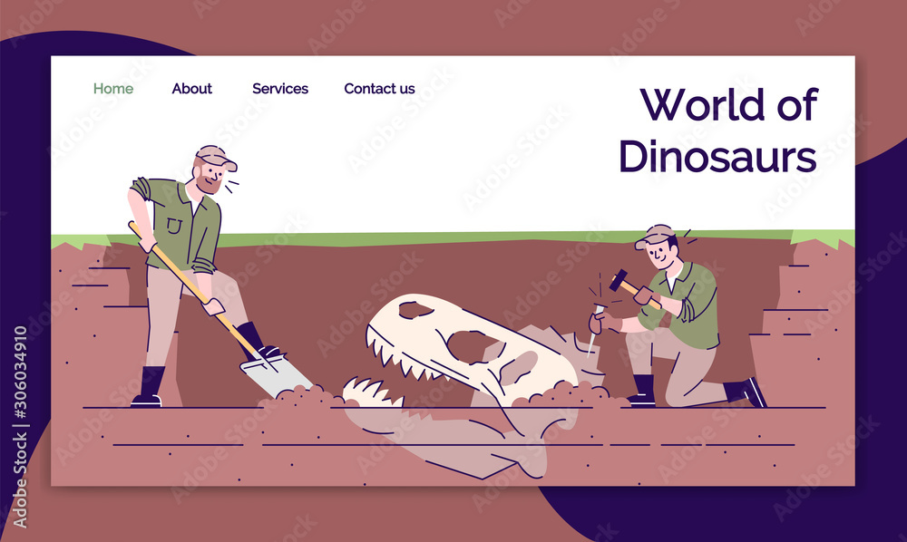 World of dinosaurs landing page vector template. Archeological ...