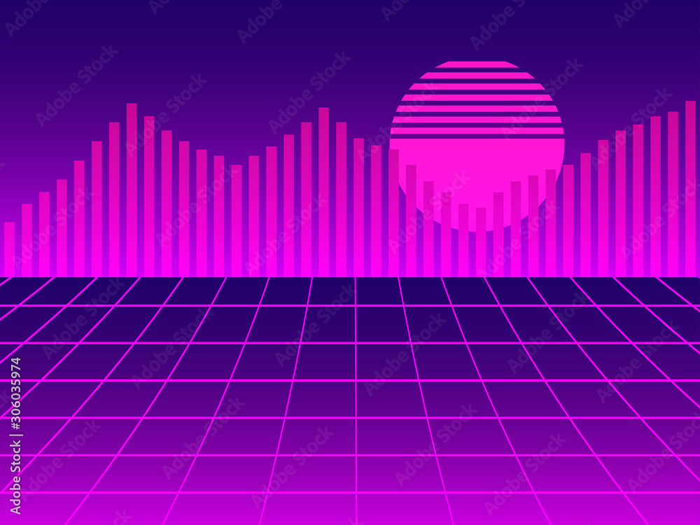 Virtual reality, cyberpunk landscape in the 80s style with a grid ...