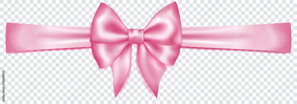 Beautiful pink bow with horizontal ribbon with shadow on transparent ...