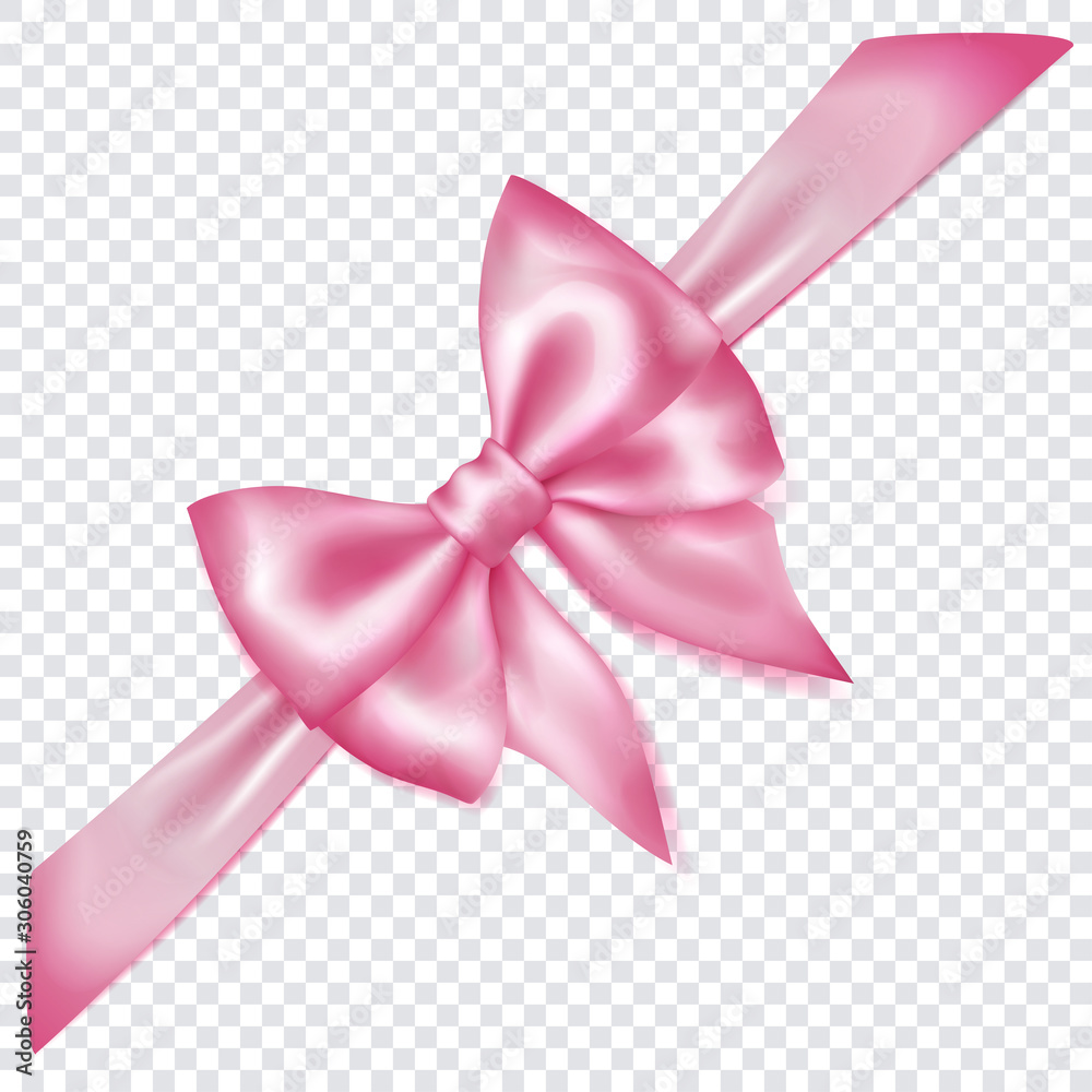 Beautiful pink bow with diagonally ribbon with shadow on transparent ...