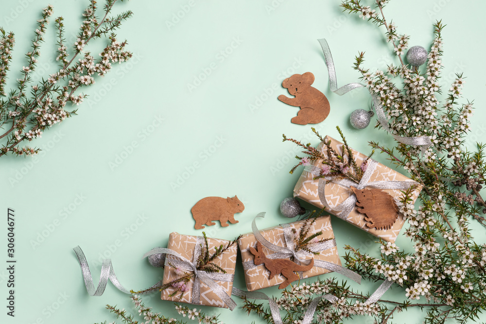 Australian inspired Christmas background with decorations, branches and ...