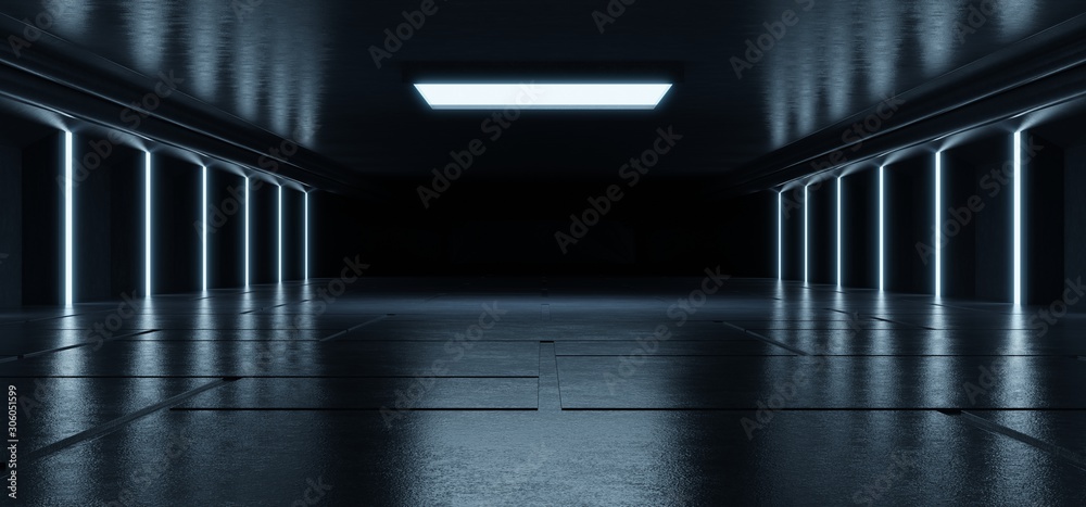 Empty light blue studio room futuristic Sci Fi big hall room with ...