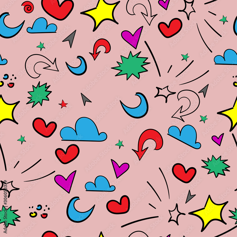 Seamless vector repeated pattern. Random elements : stars, lunar ...