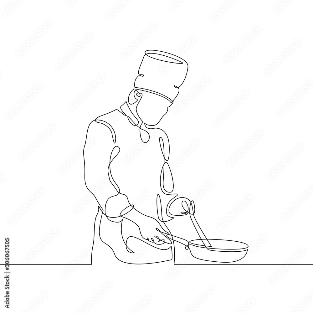Continuous line drawing of chef cooking gourmet meal, prepping food ...