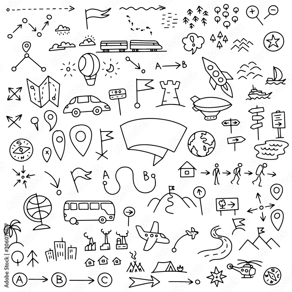 Set of geographic map signs. Hand drawn doodle sketch vector stock ...