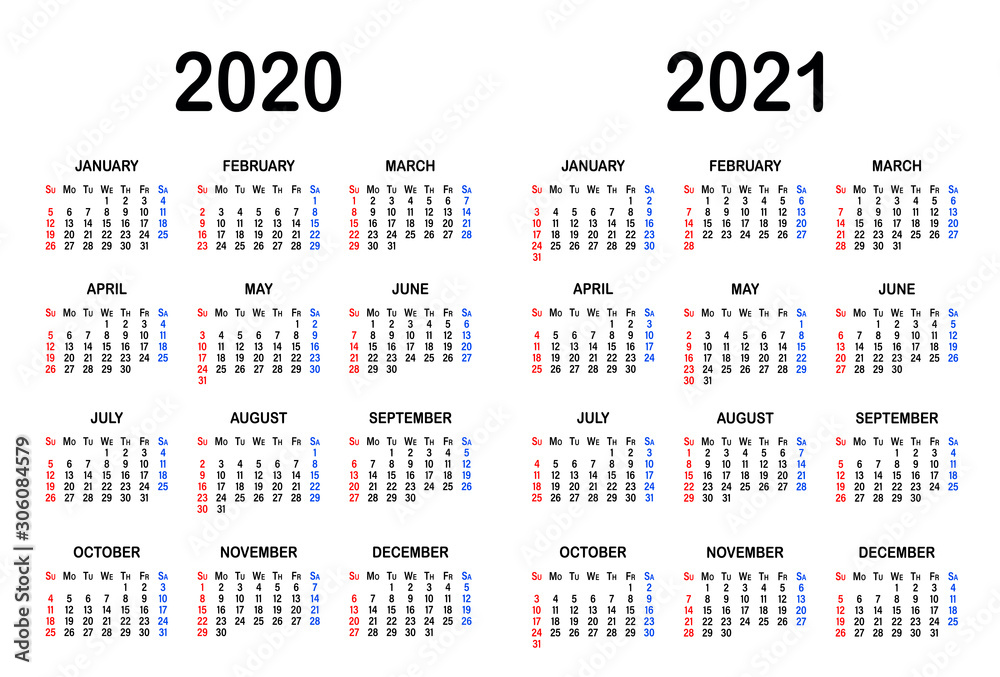 Black and white Calendar templates for 2020 and 2021 with year date and ...