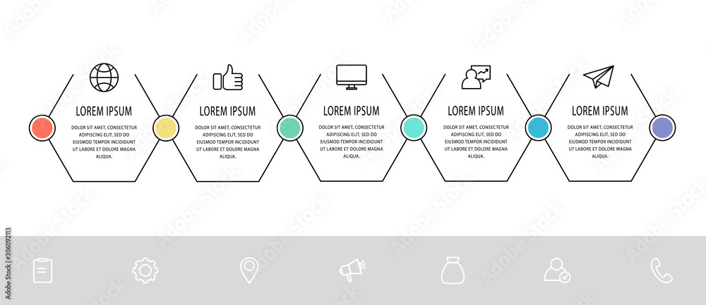 Vector flat infographic template. Line hexagon with text and icons for five diagrams, graph ...