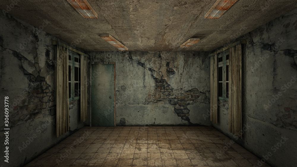 The interior design of horror and creepy damage empty room., 3D ...