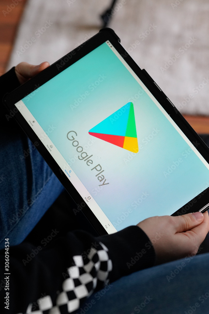 google play store sign logo on tablet screen Stock Photo | Adobe Stock