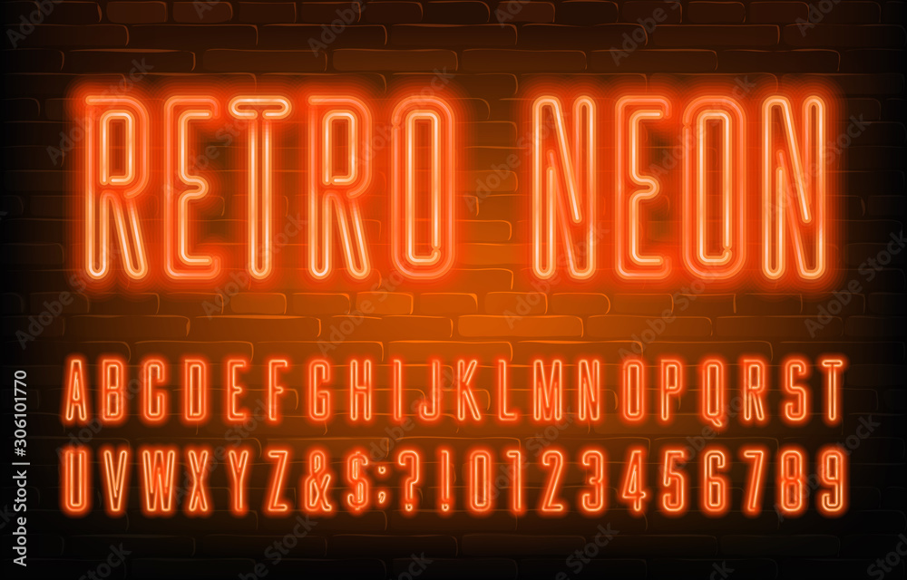 Retro Neon alphabet font. Condensed orange neon letters and numbers ...