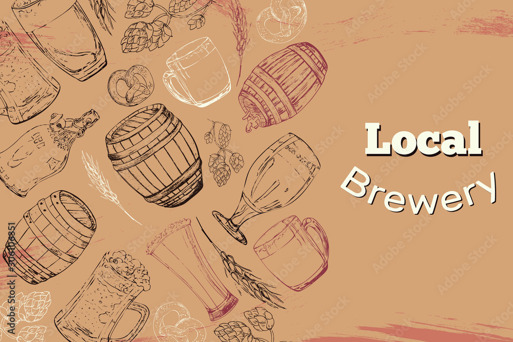 Hand drawn poster Local Berewery with tap, glass, bottle, hop, pretzel ...