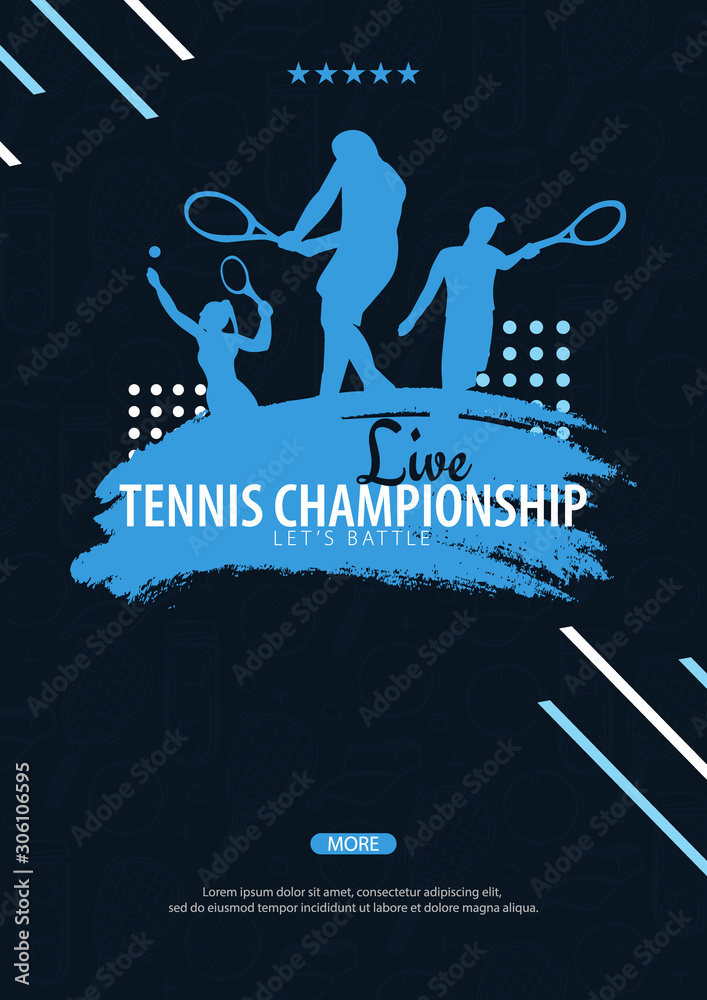 Tennis Championship banner, design with player and racquet on dark ...