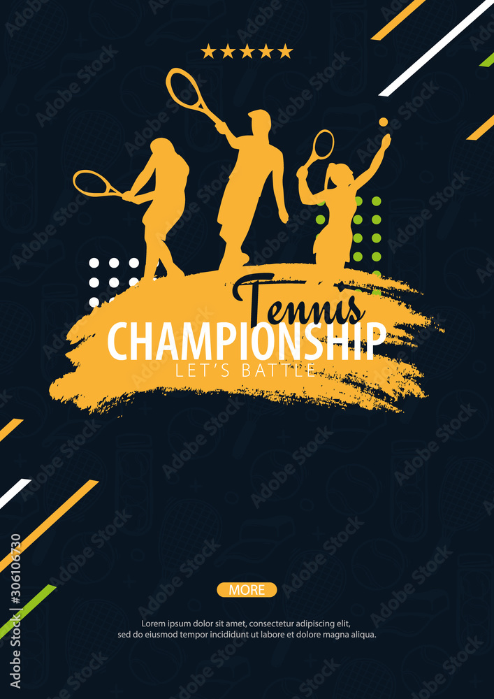 Tennis Championship banner, design with player and racquet on dark ...
