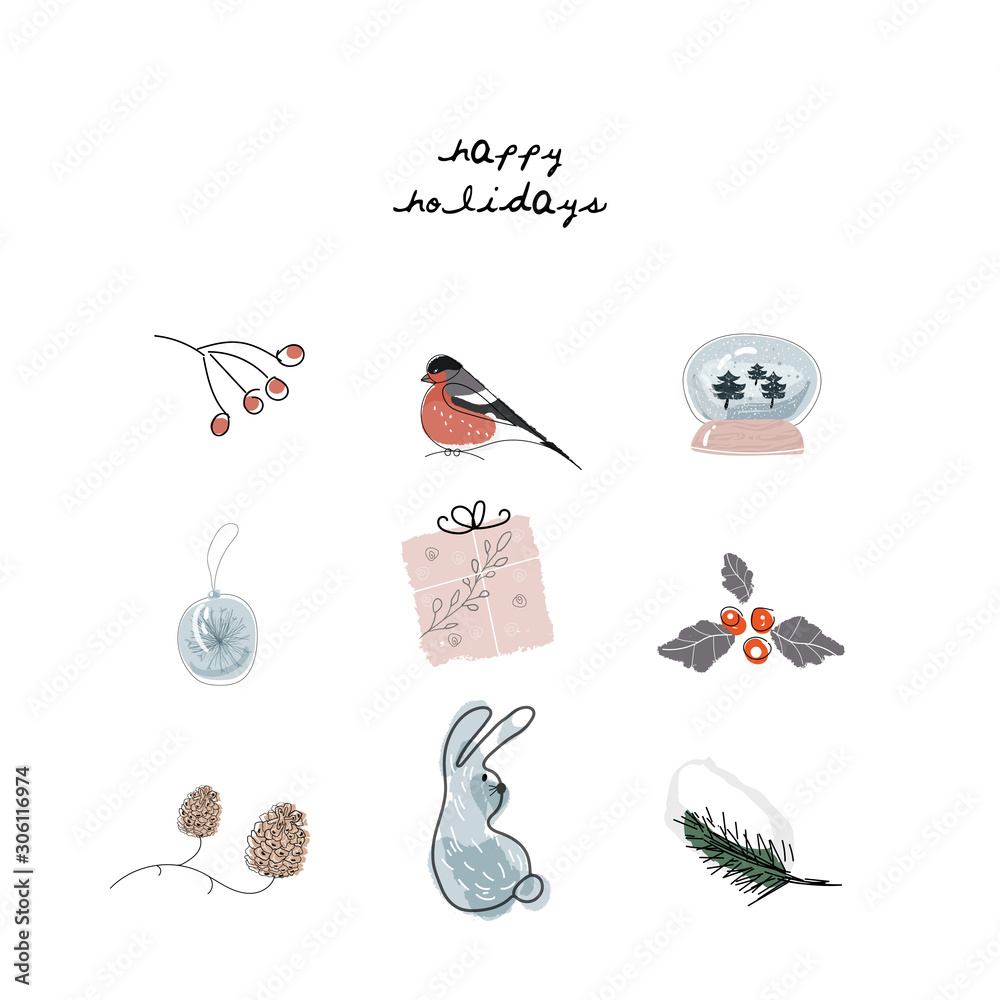 Christmas cute cartoon illustration clipart with different winter ...