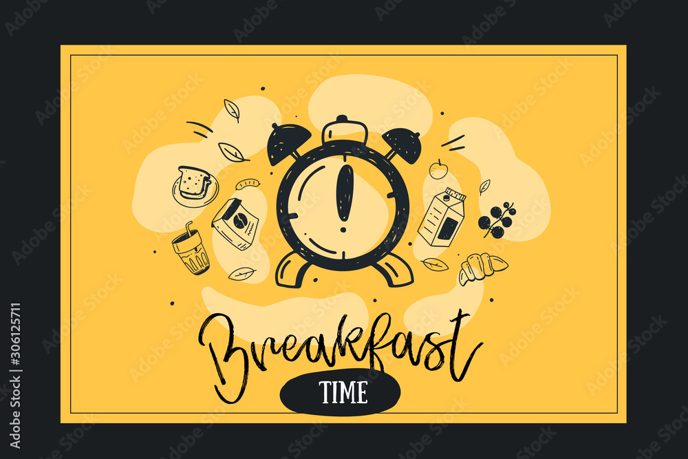 Breakfast menu, restaurant template on yellow background. Poster with ...