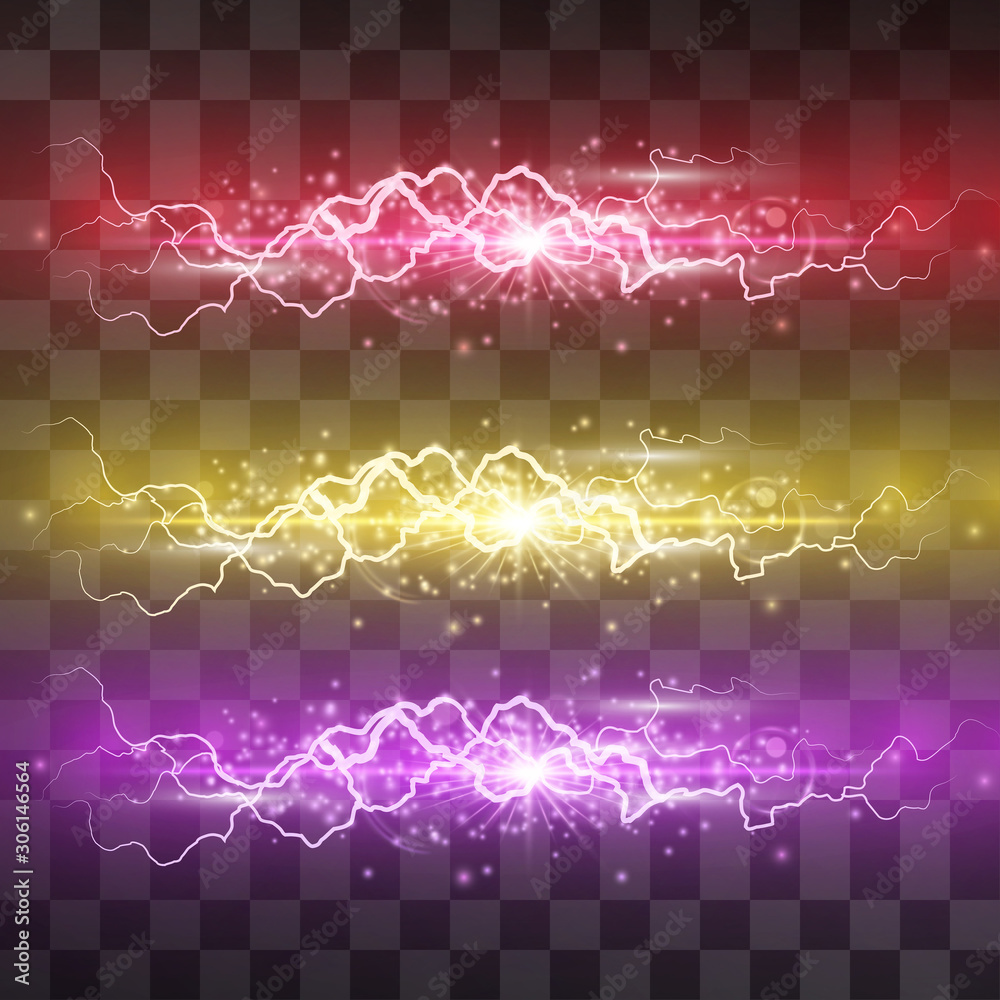 Lightning vector light effect set. Decorative neon glowing lighting ...