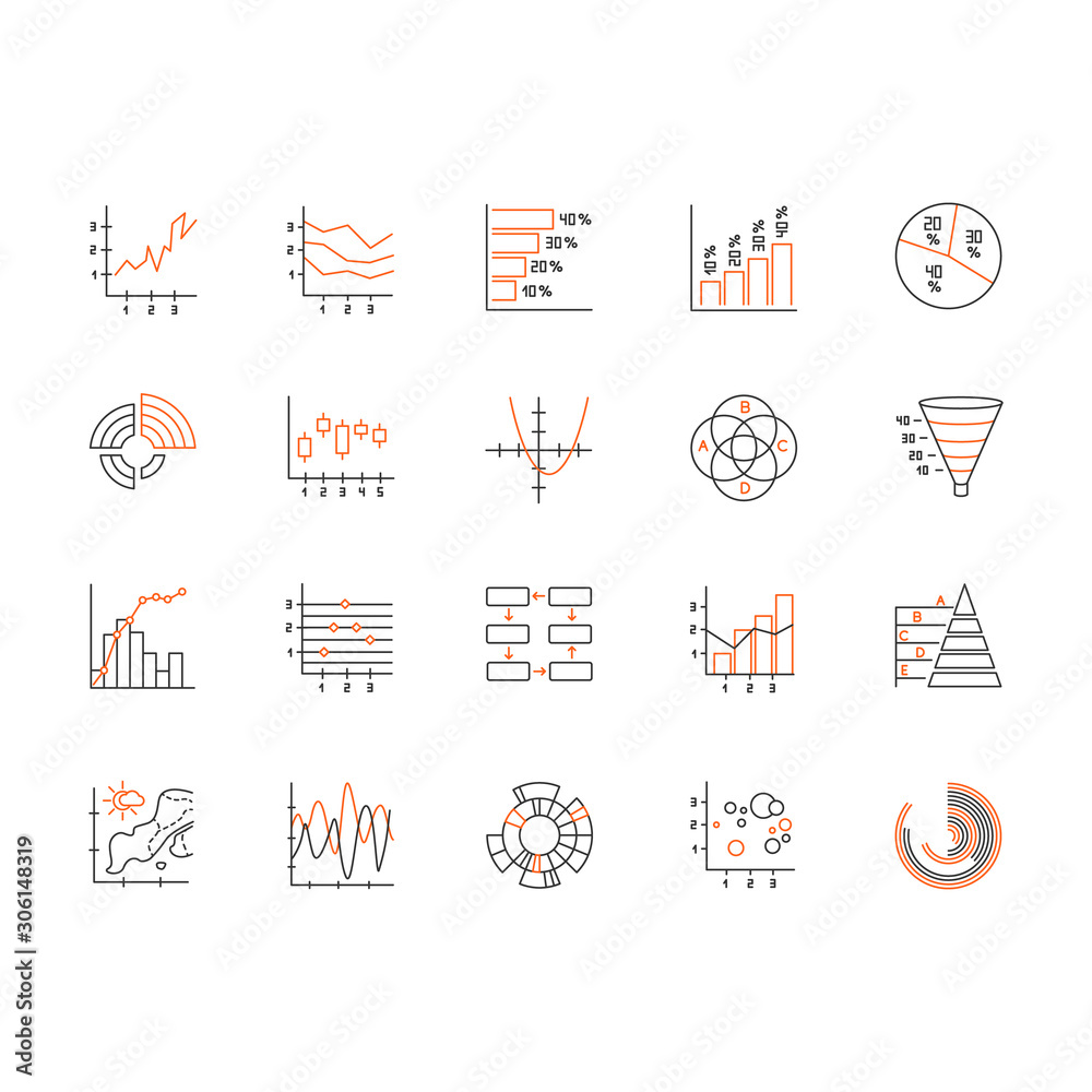 Chart and graph linear icons set. Round diagram. Histogram. Area chart ...