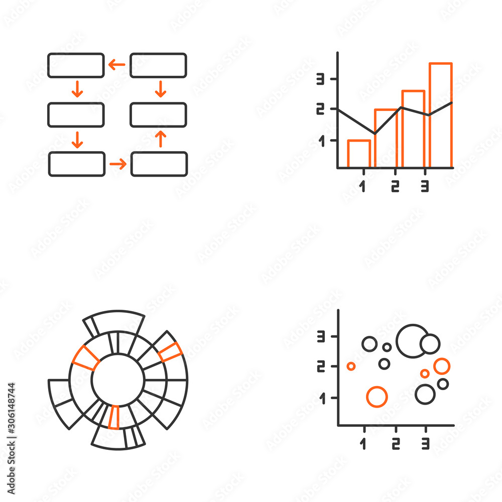 Chart and graph linear icons set. Data connection. Mixed chart ...