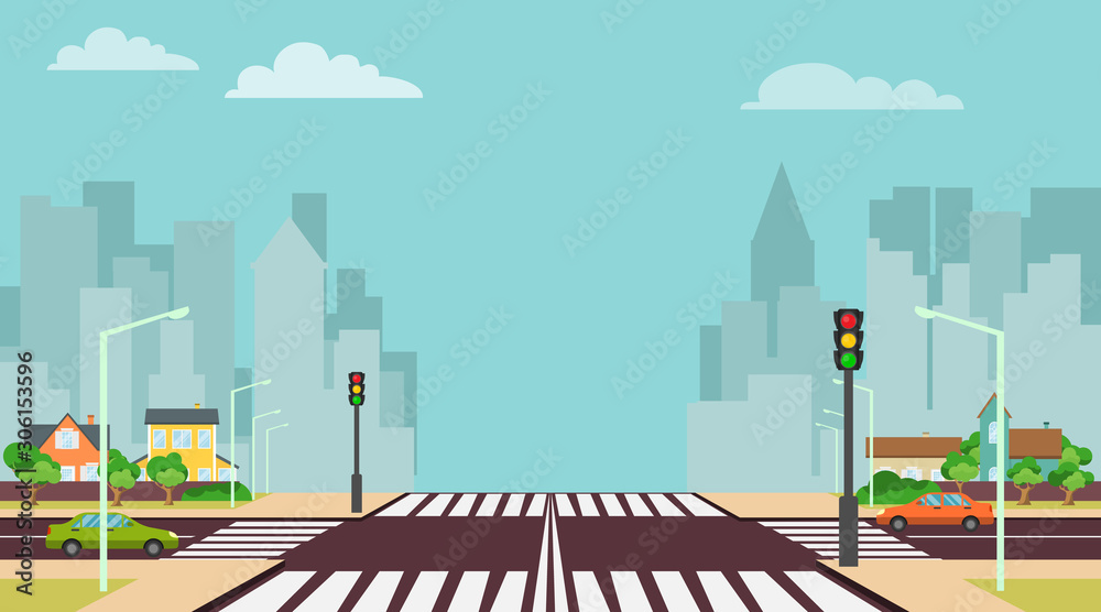 Cartoon city crossroads with traffic lights, sidewalk, crosswalk and ...