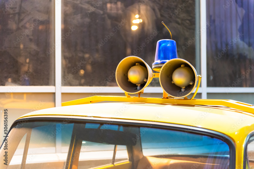 Retro cars. An old police car of the Soviet Union. Flashing lights on ...
