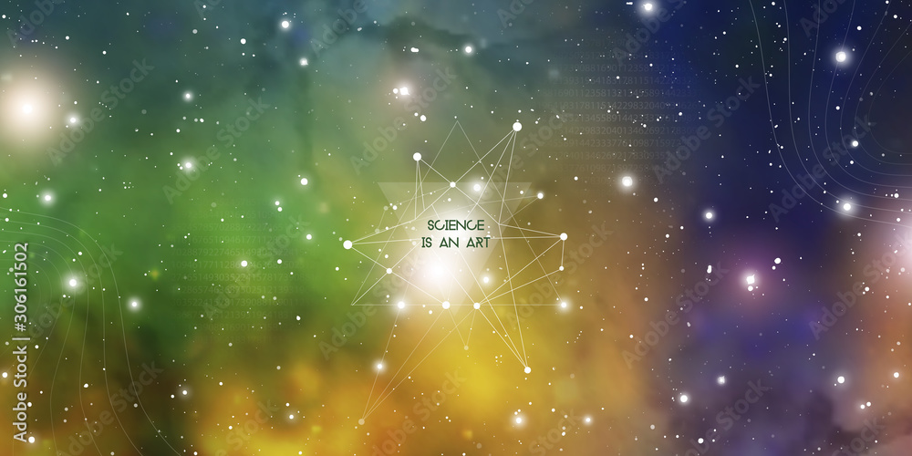 Widescreen futuristic technology illustration in front of outer space ...