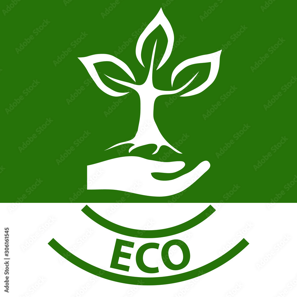 Ecological safety, a hand protects a tree against a green background ...