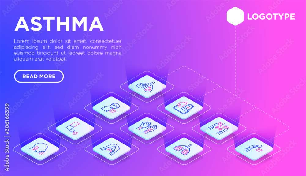 Asthma web page template with thin line isometric icons: allergen ...