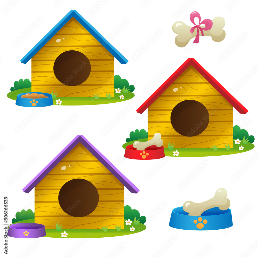 Color images of cartoon dog houses on white background. Pets. Vector ...