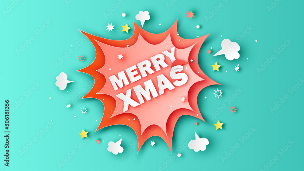 Paper art of comic speech bubble with explosion firework for Christmas ...